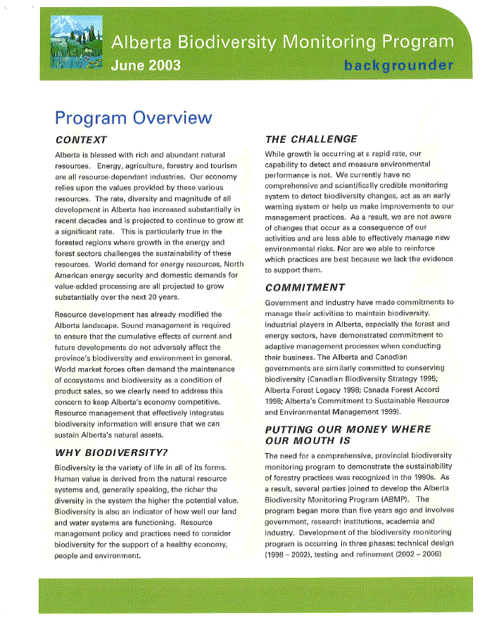 Alberta Biodiversity Monitoring Program - June 2003 Backgrounder ...