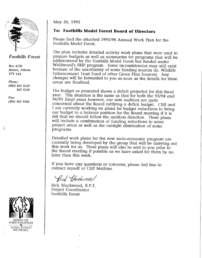 Foothills Model Forest 1995/96 Annual Work Plan - fRI Research