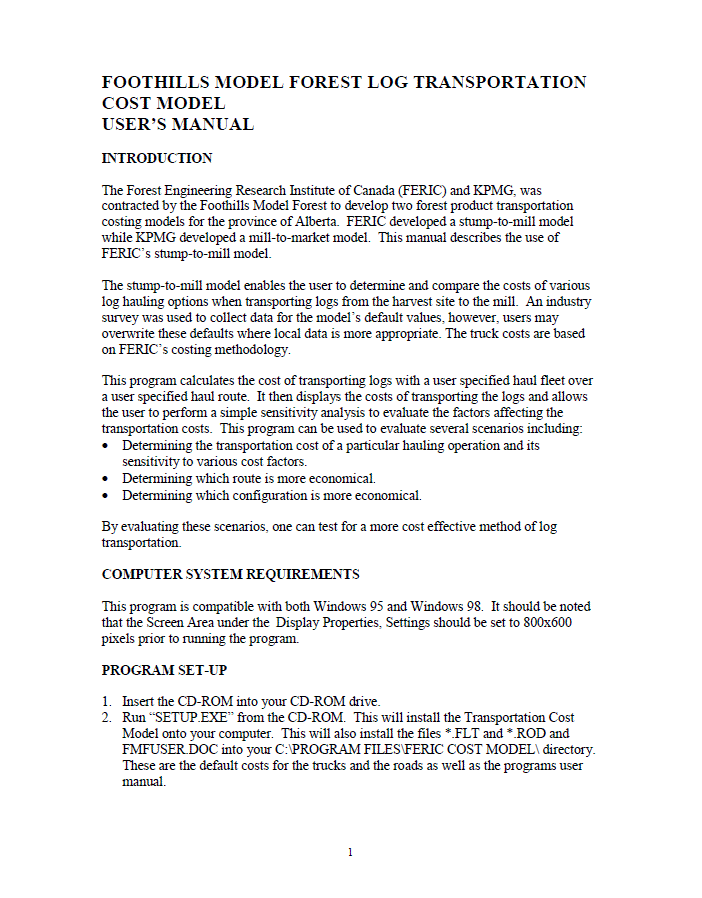 Foothills Model Forest Log Transportation Cost Model: User's Manual ...