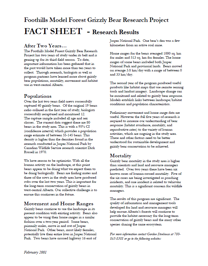 Foothills Model Forest Grizzly Bear Research Project: Fact Sheet ...