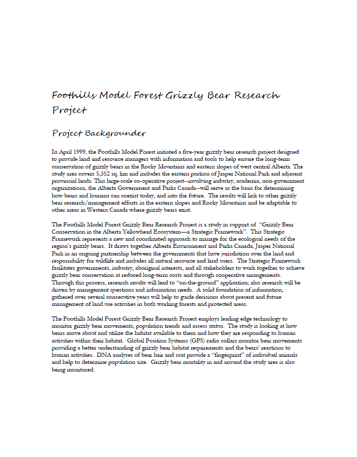 Foothills Model Forest Grizzly Bear Research Project: Project ...