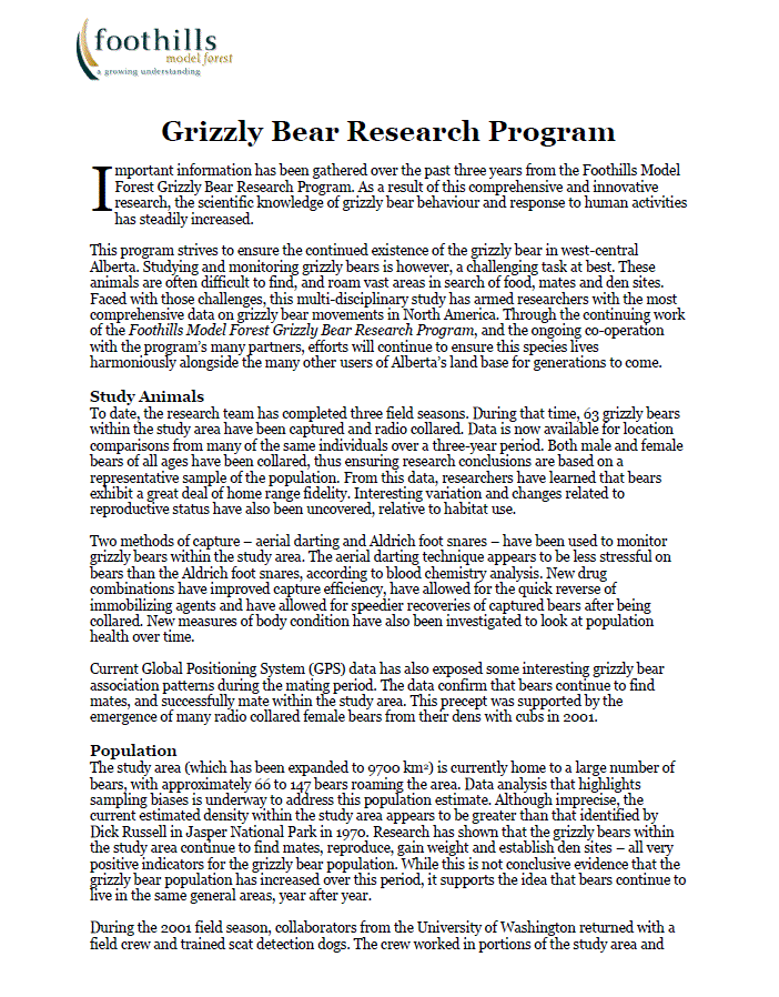 Grizzly Bear Research Program - fRI Research
