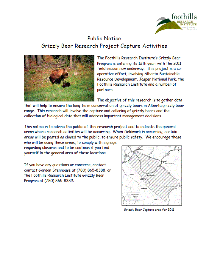 Public notice: Grizzly Bear Research Project capture activities - fRI ...