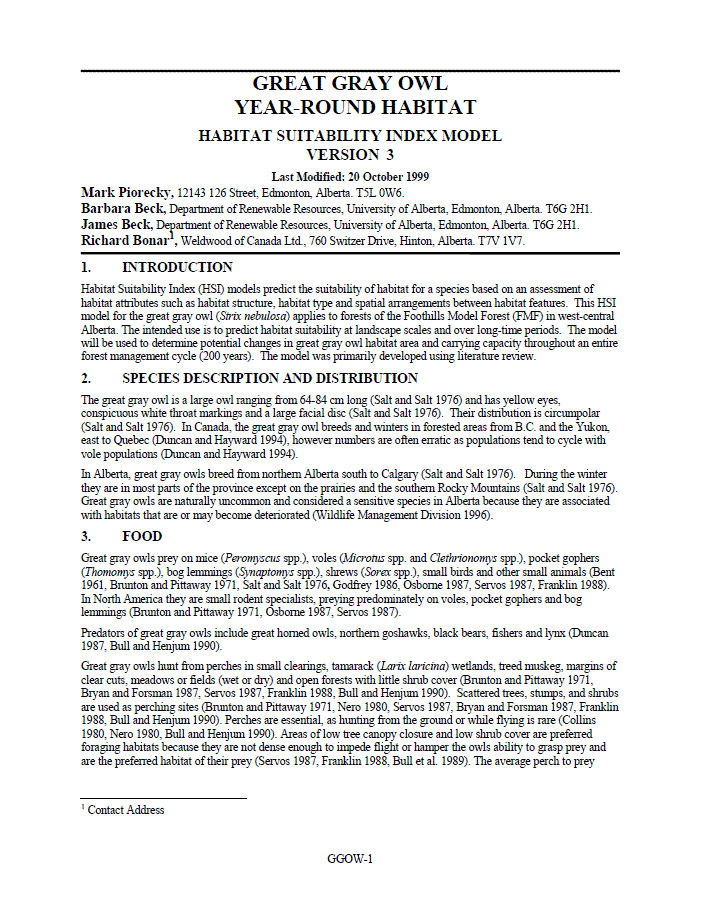 Great gray owl year-round habitat: Habitat Suitability Index Model ...