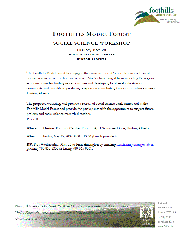 Foothills Model Forest Social Science Workshop: Announcement and agenda ...